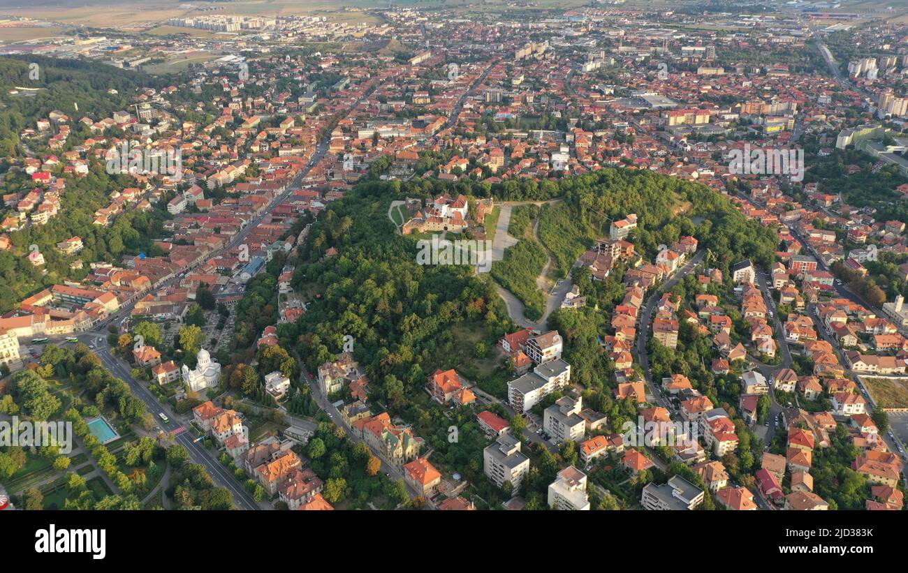 Drone top aerial view of Brasov town in Transylvania, Romania with ...