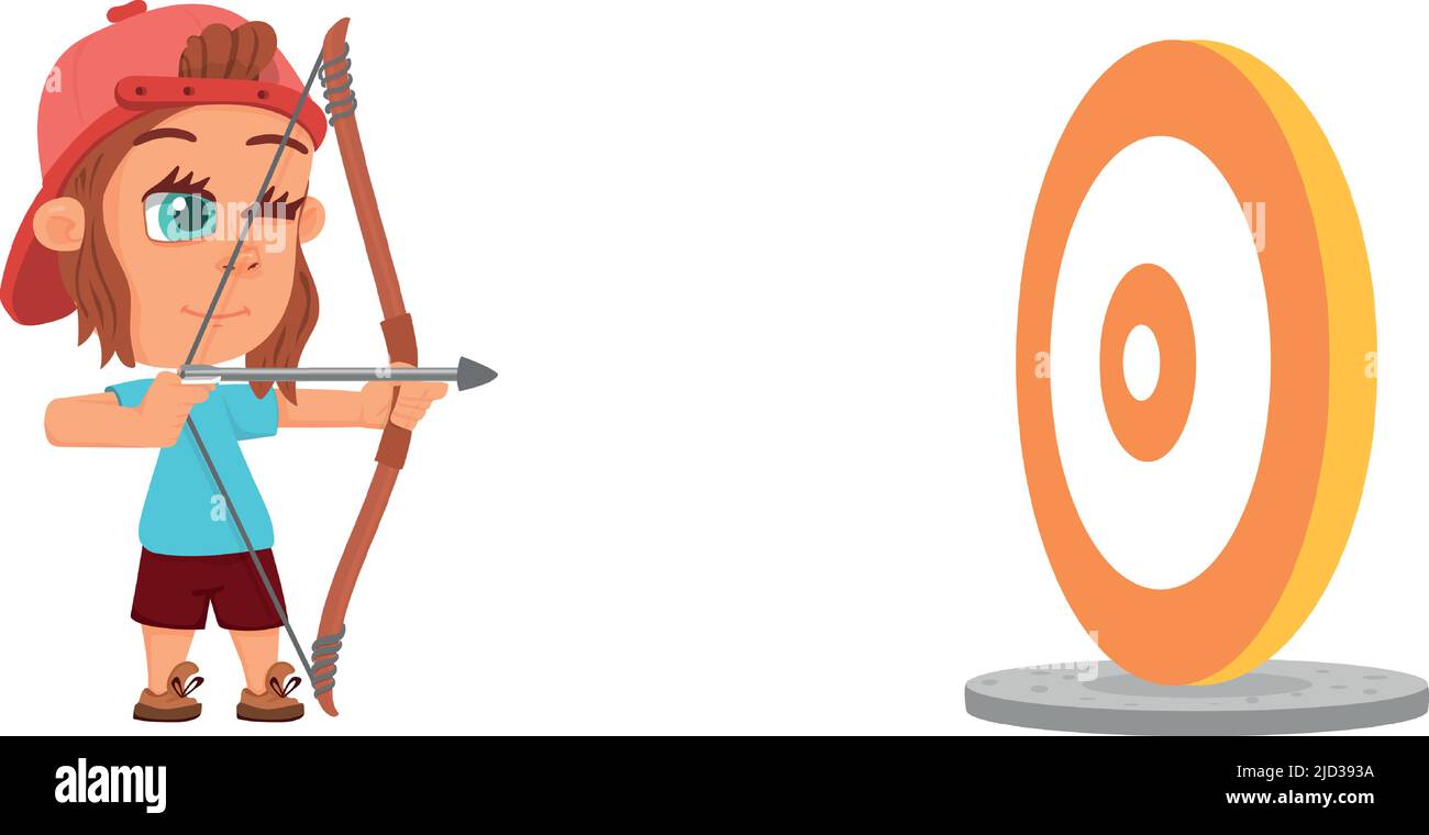 Girl archer character. Kid aiming in target with bow Stock Vector Image ...