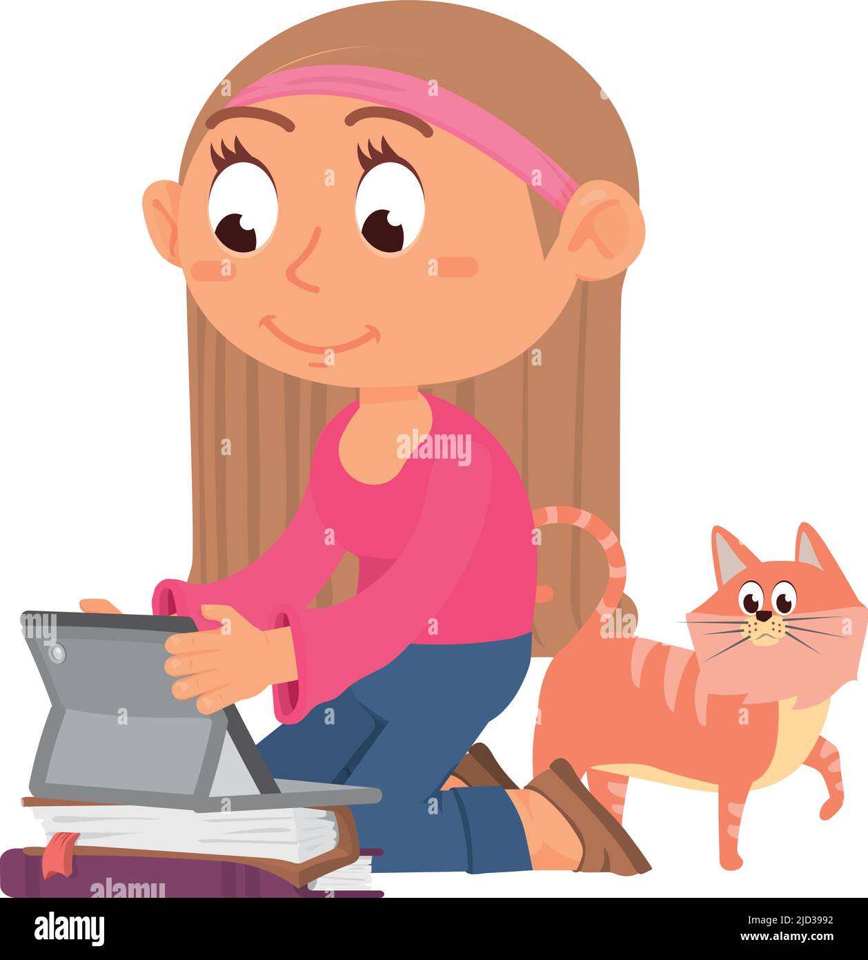 Girl using tablet. Happy kid studying on gadget Stock Vector Image ...