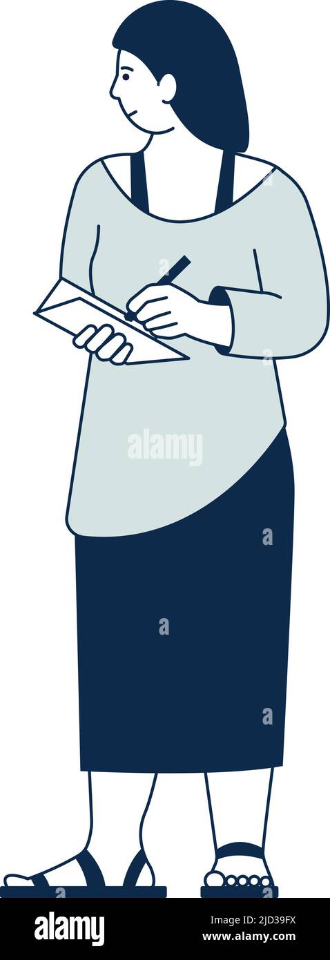 Standing woman writing in notebook. Female person character Stock ...