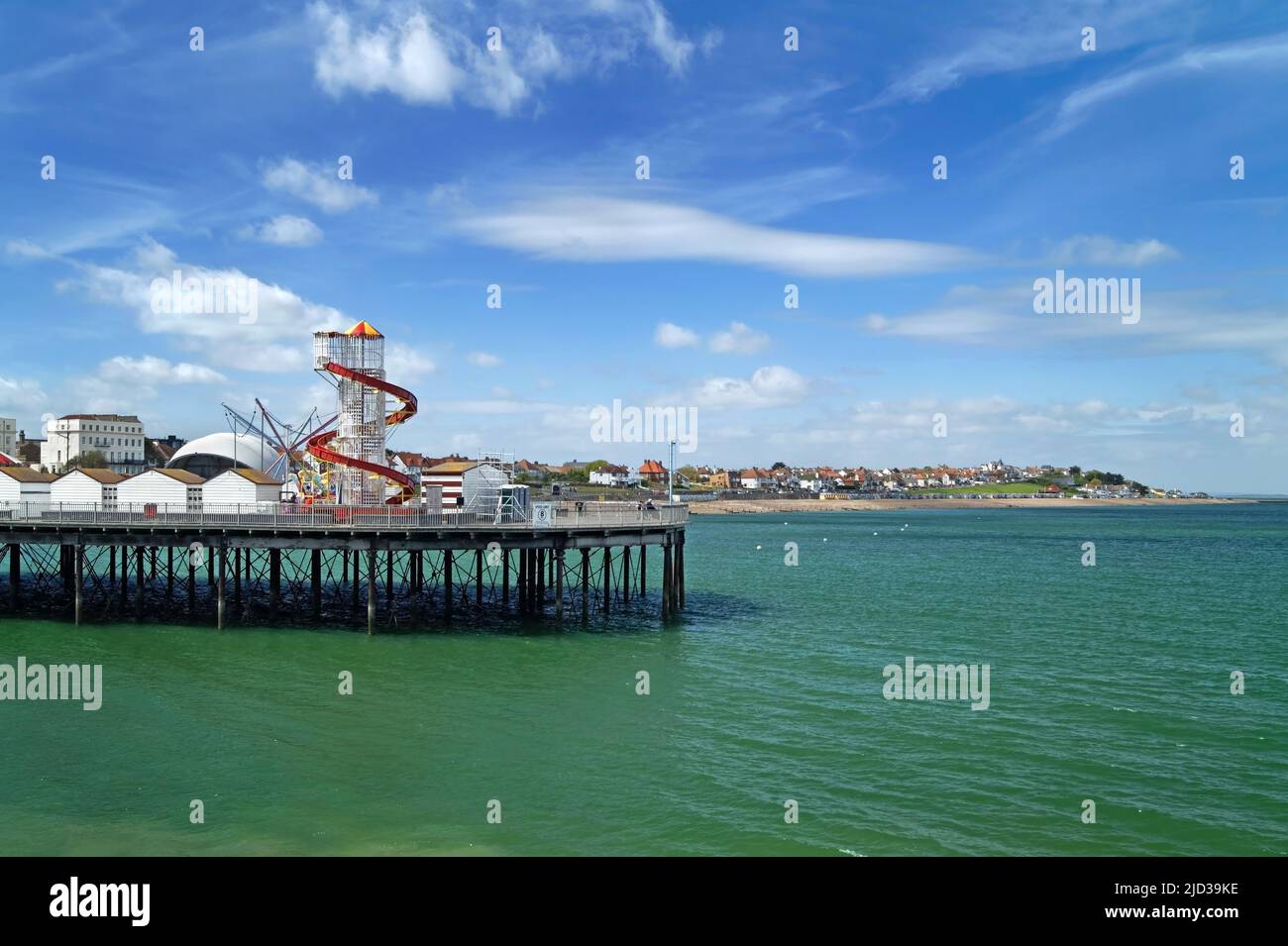 UK, Kent, Herne Bay, The end of Herne Bay Pier and coastline looking ...