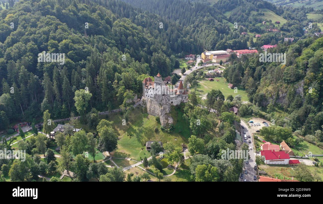 Bran castle drone aerial view, forest and village top view ...