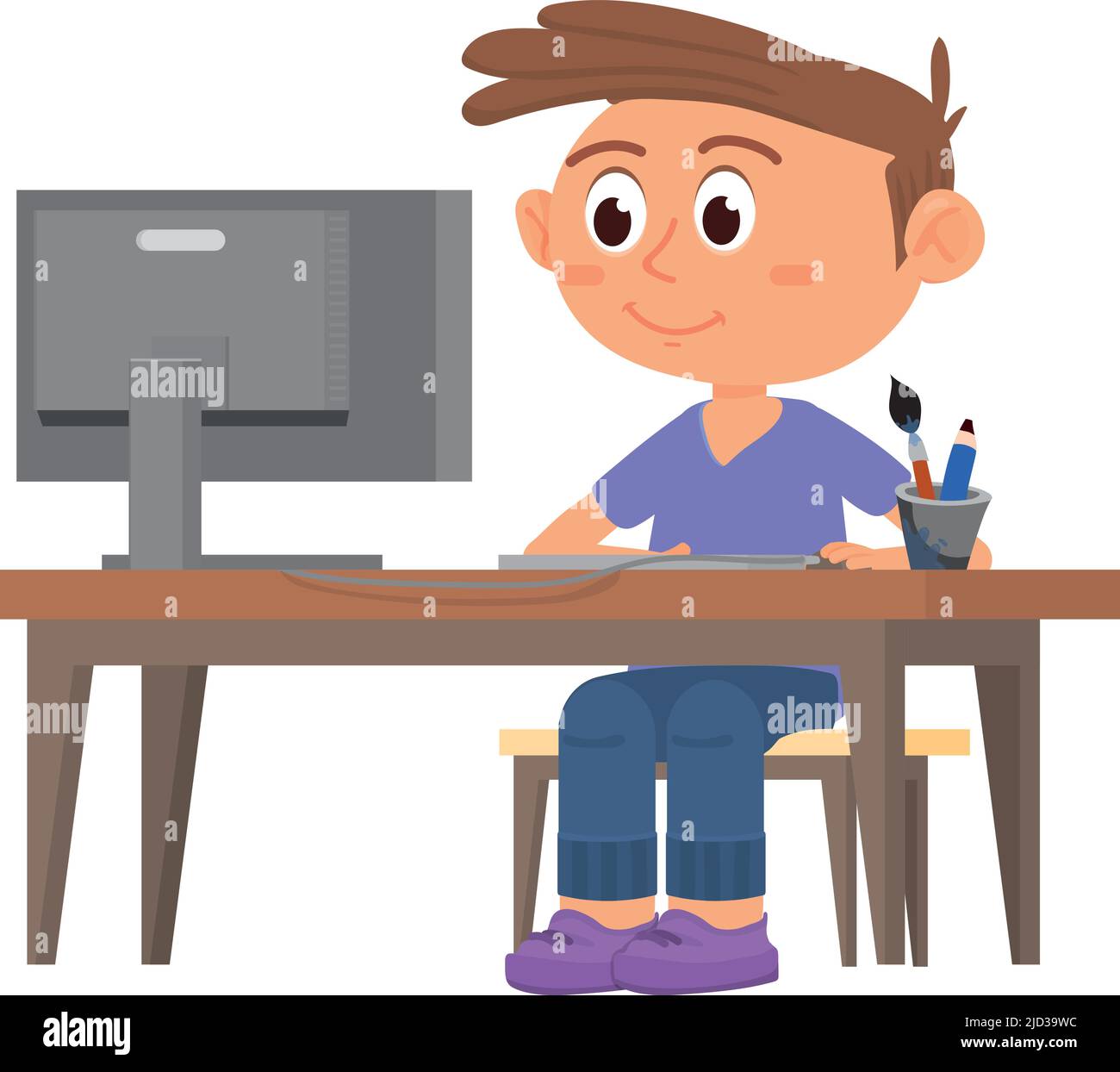 Kid sitting at computer desk. Smiling boy character Stock Vector Image ...