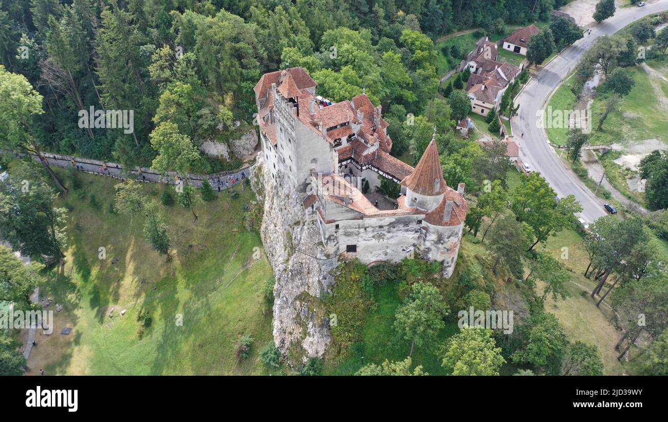 Bran castle drone aerial view, forest and village top view ...