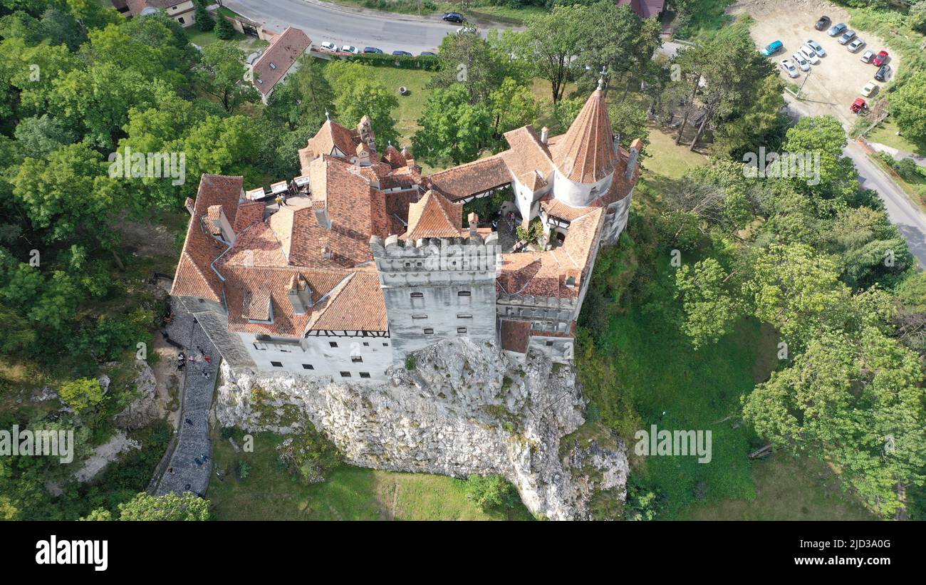 Bran castle drone aerial view, forest and village top view ...