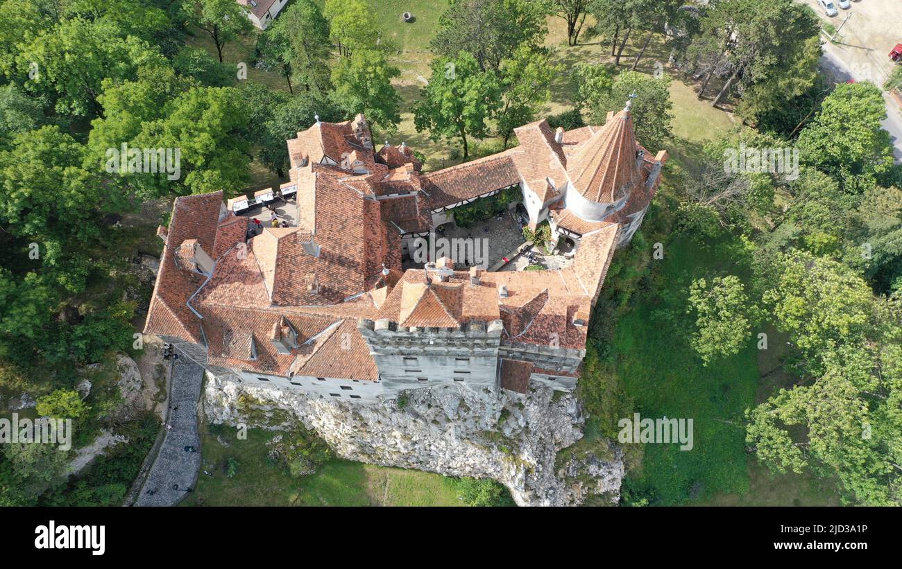 Bran castle drone aerial view, forest and village top view ...