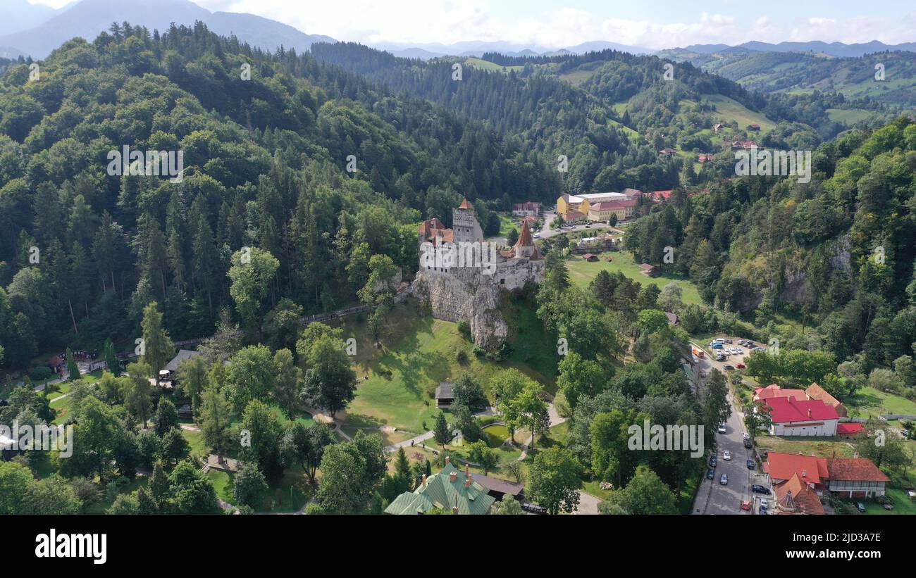 Bran castle drone aerial view, forest and village top view ...