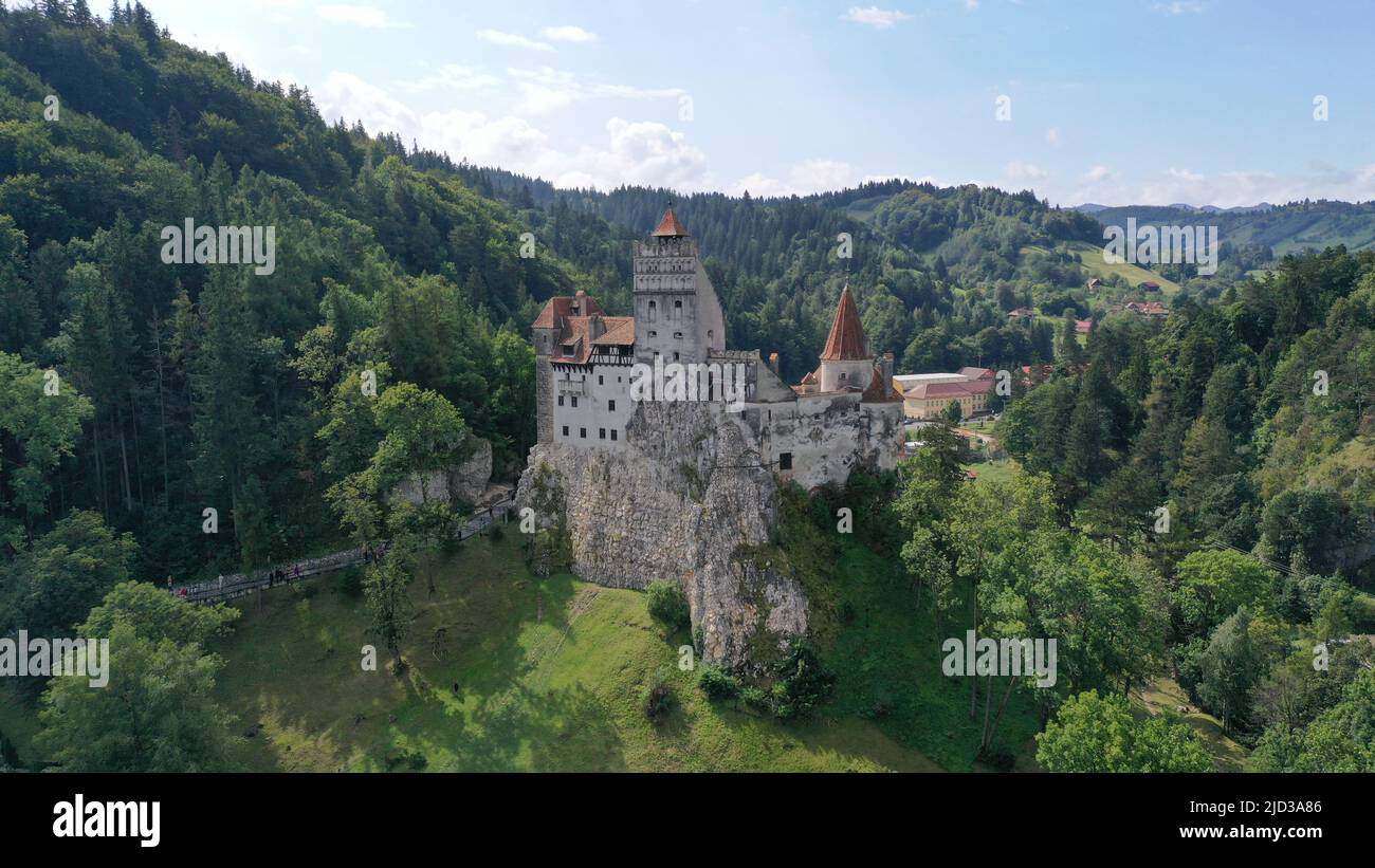 Bran castle drone aerial view, forest and village top view ...