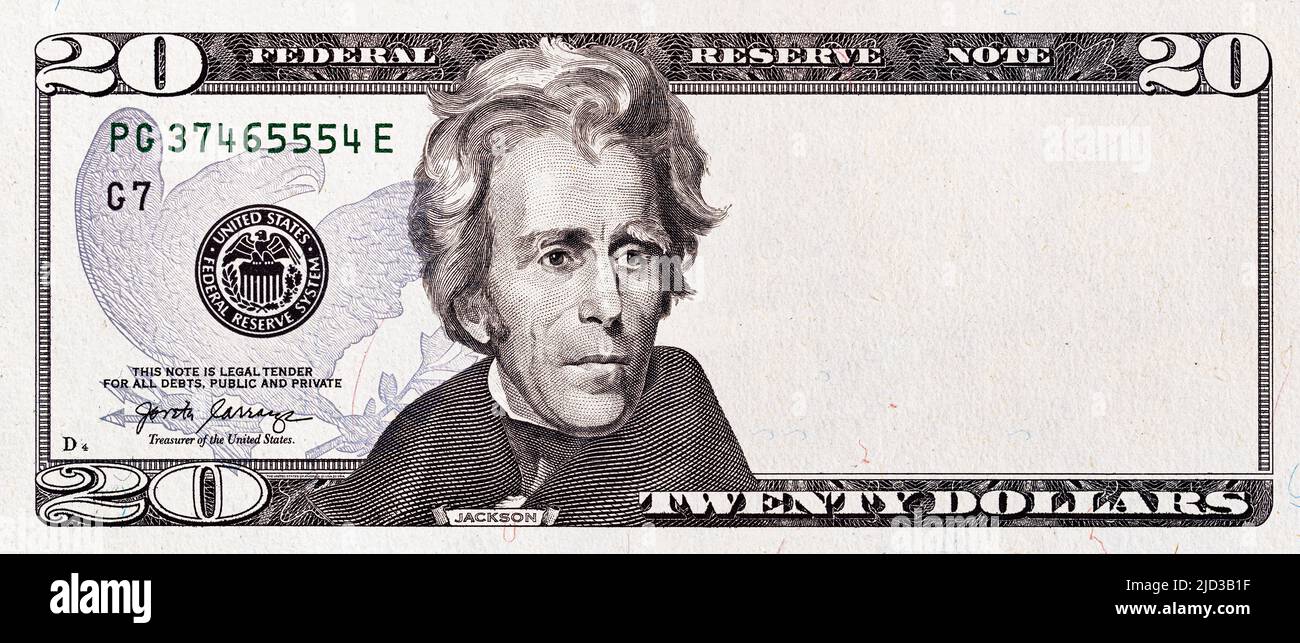 Closeup of 20 dollar banknote with empty middle area for design purpose ...