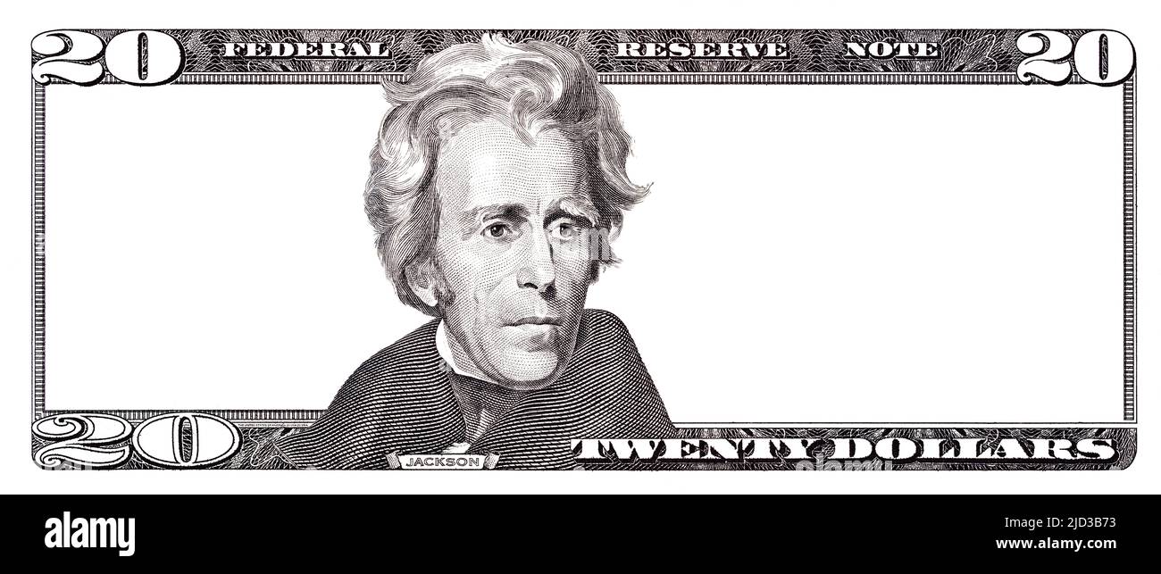Closeup of 20 dollar banknote with empty middle area for design purpose ...