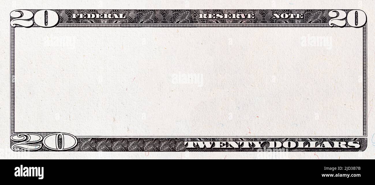 Closeup of 20 dollar banknote with empty middle area for design purpose ...