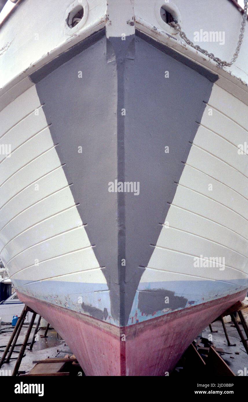 Bow of Grand Bank 36 feet under repair Stock Photo - Alamy