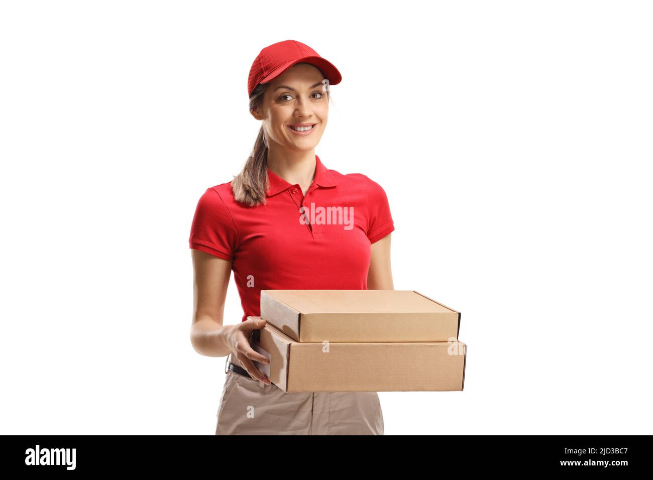Delivery woman holding boxes isolated on white background Stock Photo ...
