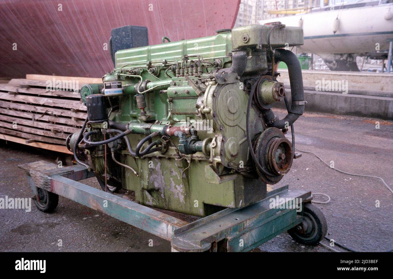 Ford 6 cylinder diesel boat engine laid ashore for repair Stock Photo ...