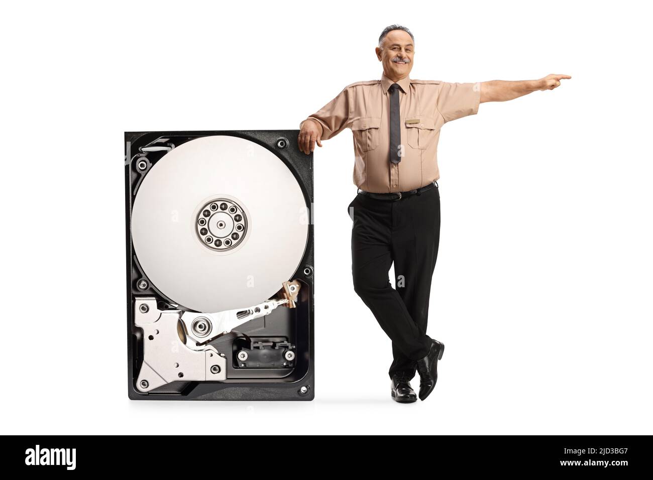 Security officer leaning on an open hard disc and pointing isolated on ...