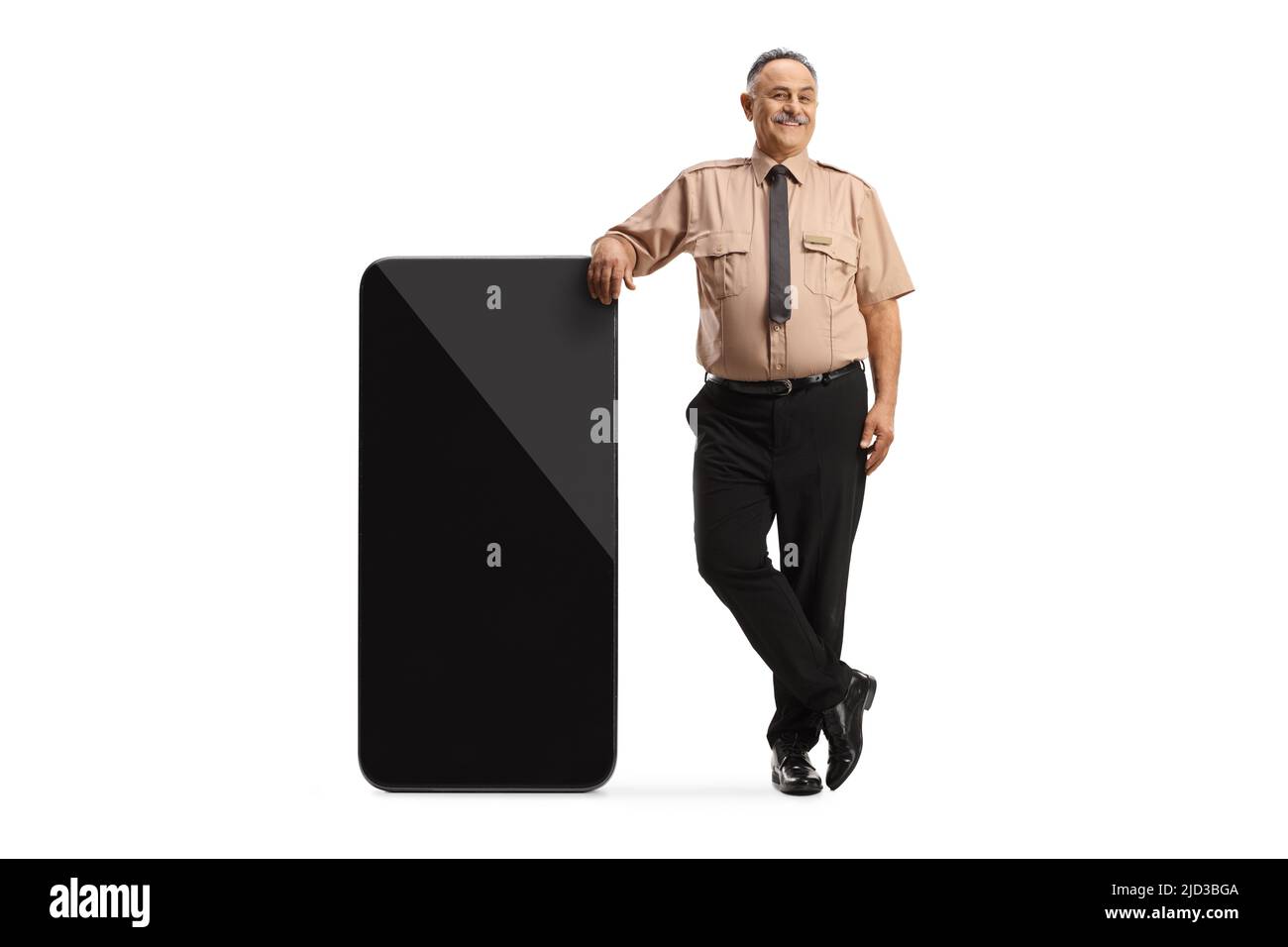 Security officer leaning on a big mobile phone and pointing isolated on ...