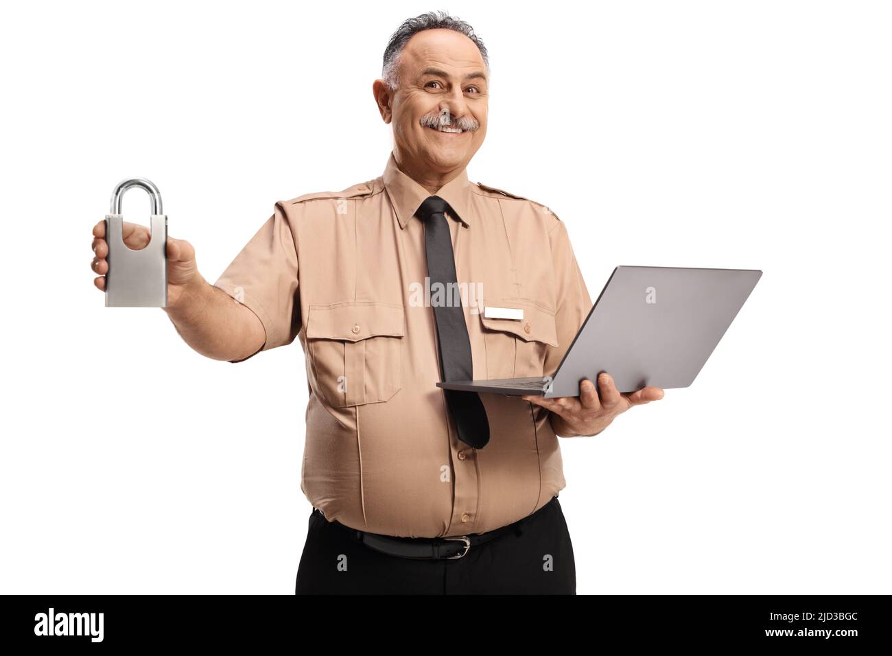 Security officer holding a padlock and a laptop computer isolated on ...