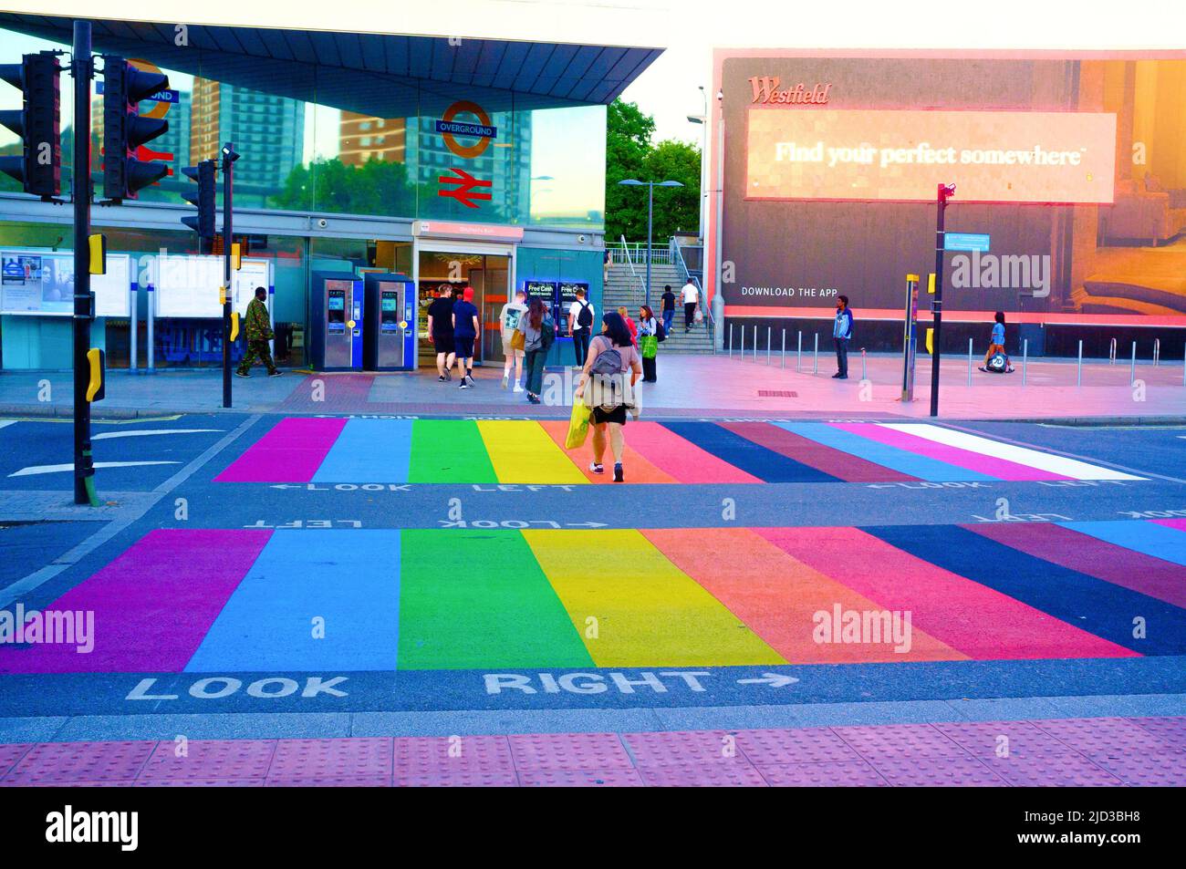 A rainbow coloured zebra/street crossing at Shepherd's Bush, London, UK ...