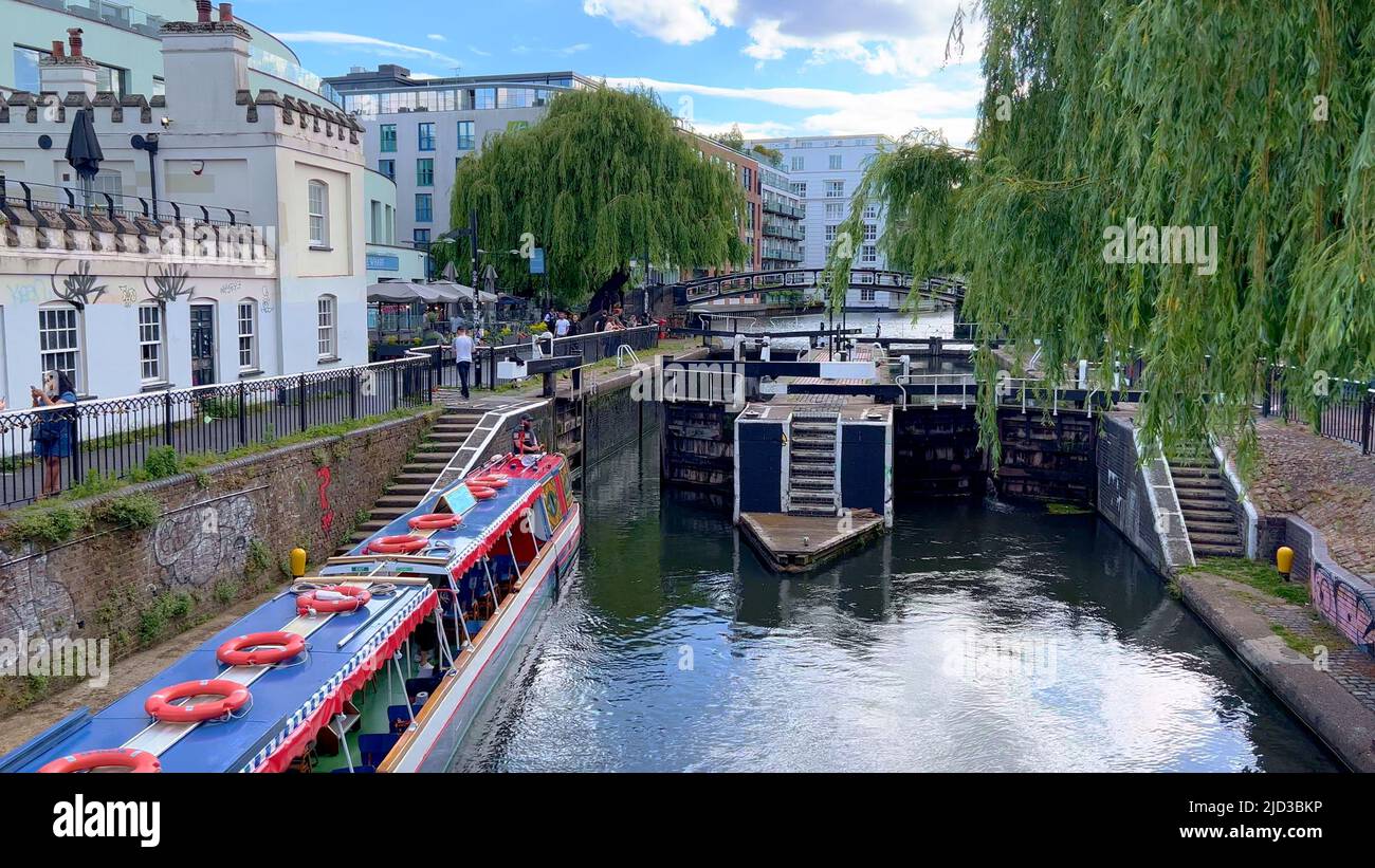 Sightseeing boats at Camden Lock London - LONDON, UK - JUNE 9, 2022 ...