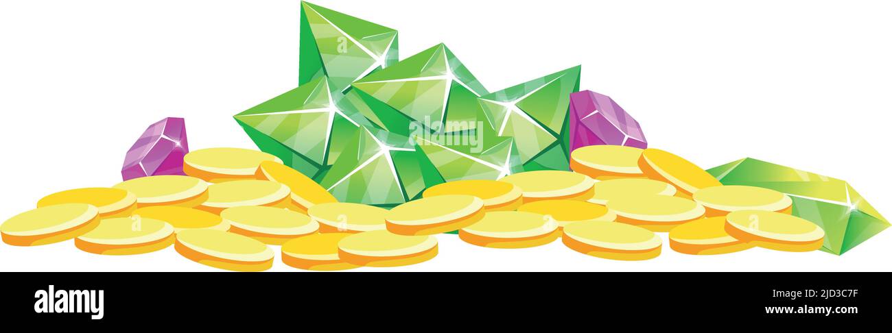 Treasure cartoon icon. Gold coins and jewel gems isolated on white ...