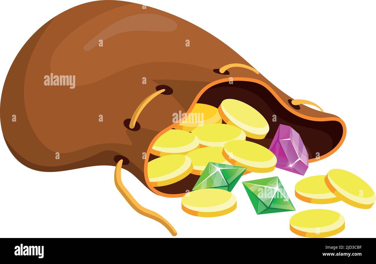 Open sack full of golden coins. Game treasure isolated on white ...