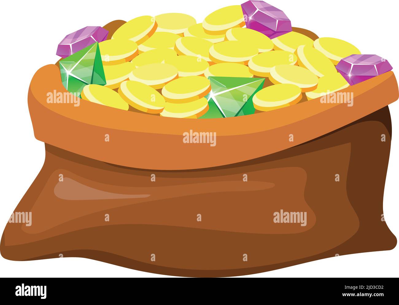 Treasure canvas bag. Brown sack full of golden coins isolated on white ...