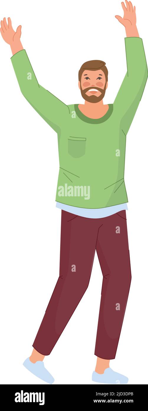 Excited man. Happy smiling person waving hands isolated on white ...