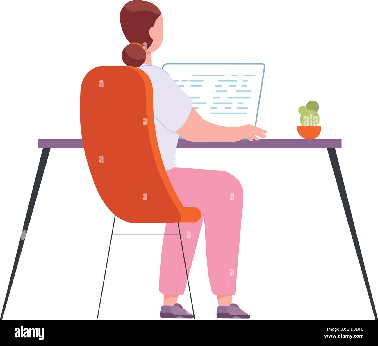 Female programmer back view. Young freelancer workplace isolated on ...