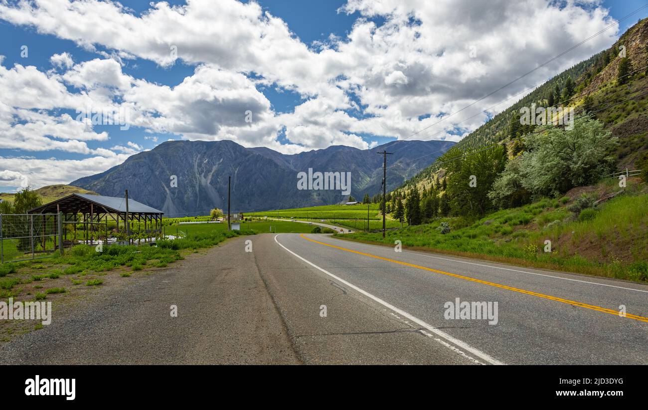 Empty asphalt road through the green field and clouds on blue sky in ...