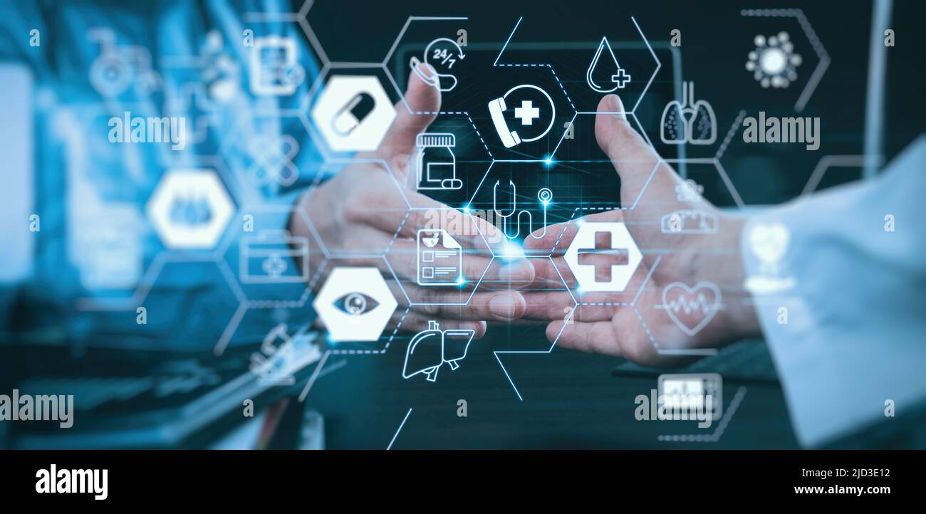 Health care and medical services concept with flat line AR interface ...