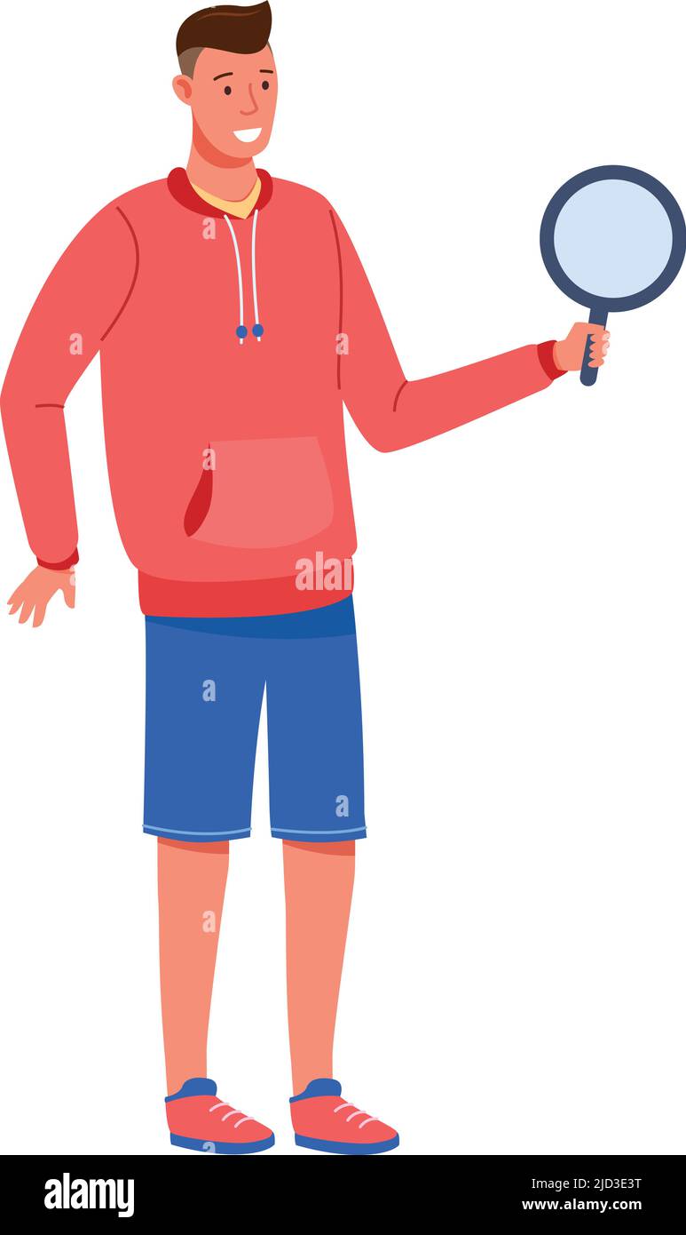 Young man holding magnifying glass. Searching person isolated on white ...