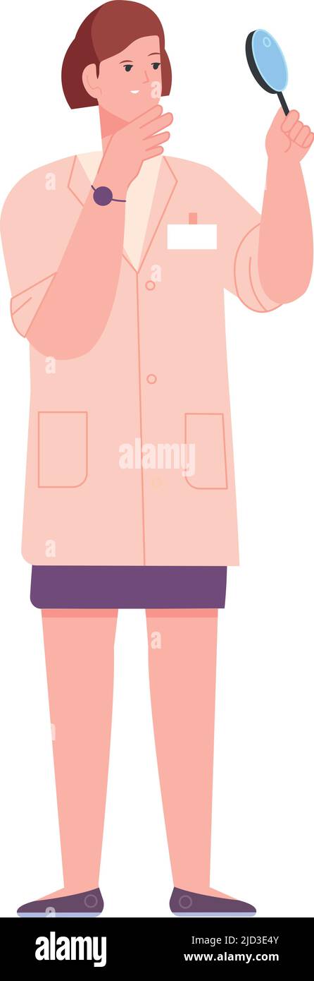 Woman thinking with magnifying glass in hands. Scientific research ...