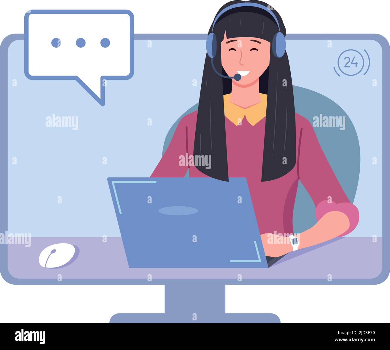 Woman in headset on computer screen. Customer service worker isolated ...