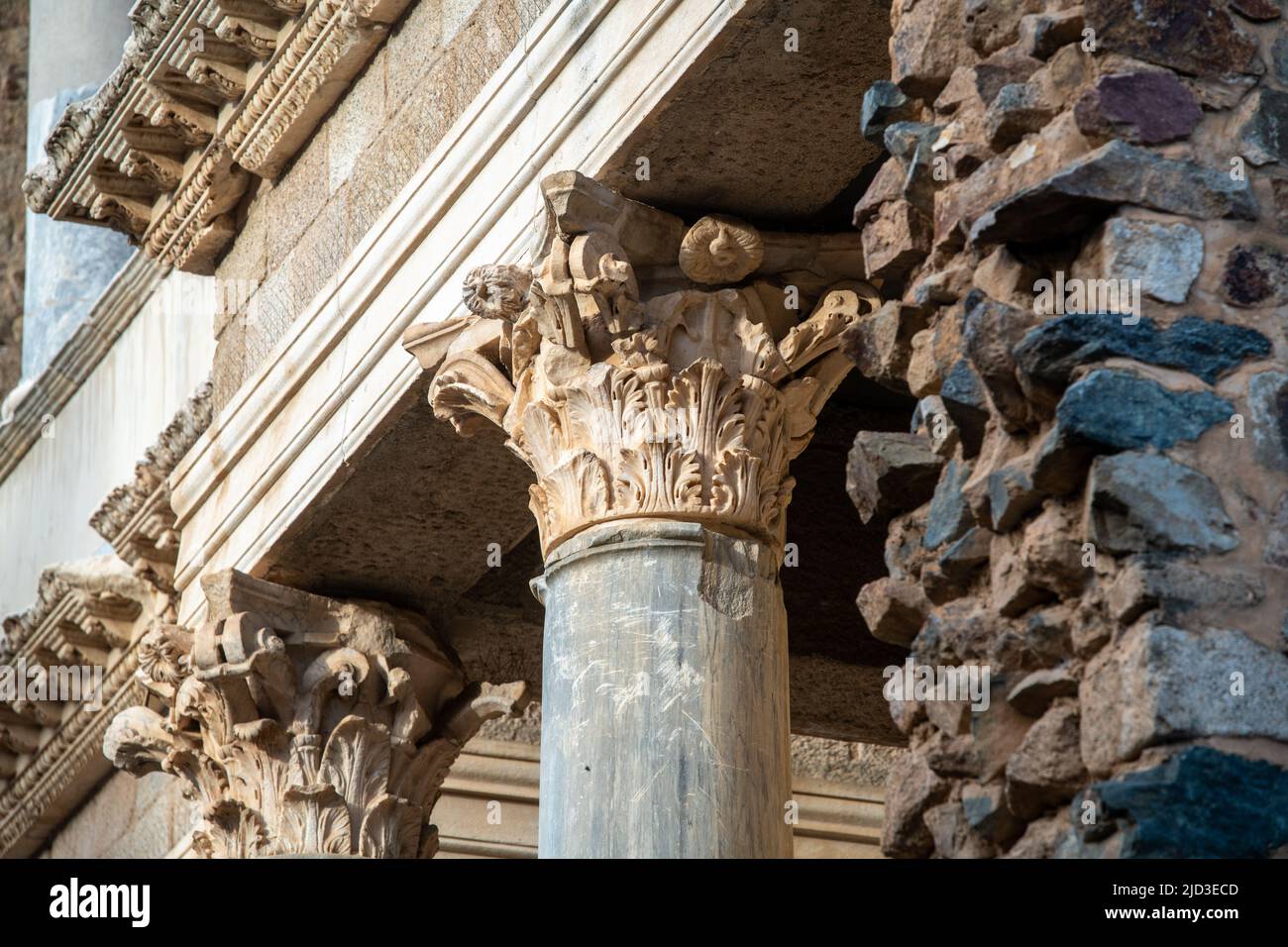 Detailed carving in the columns of the Roman Theatre of Merida, Merida ...