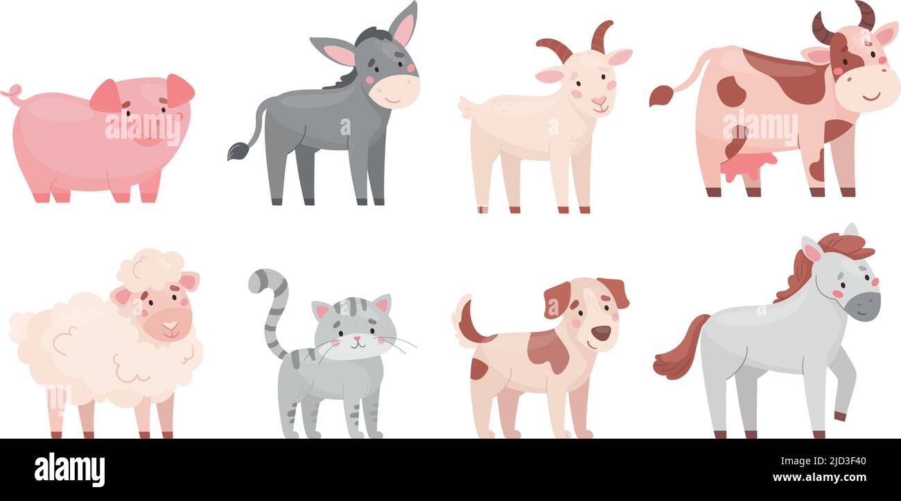 Cute farm animals in cartoon style. Collection of funny farm animals ...