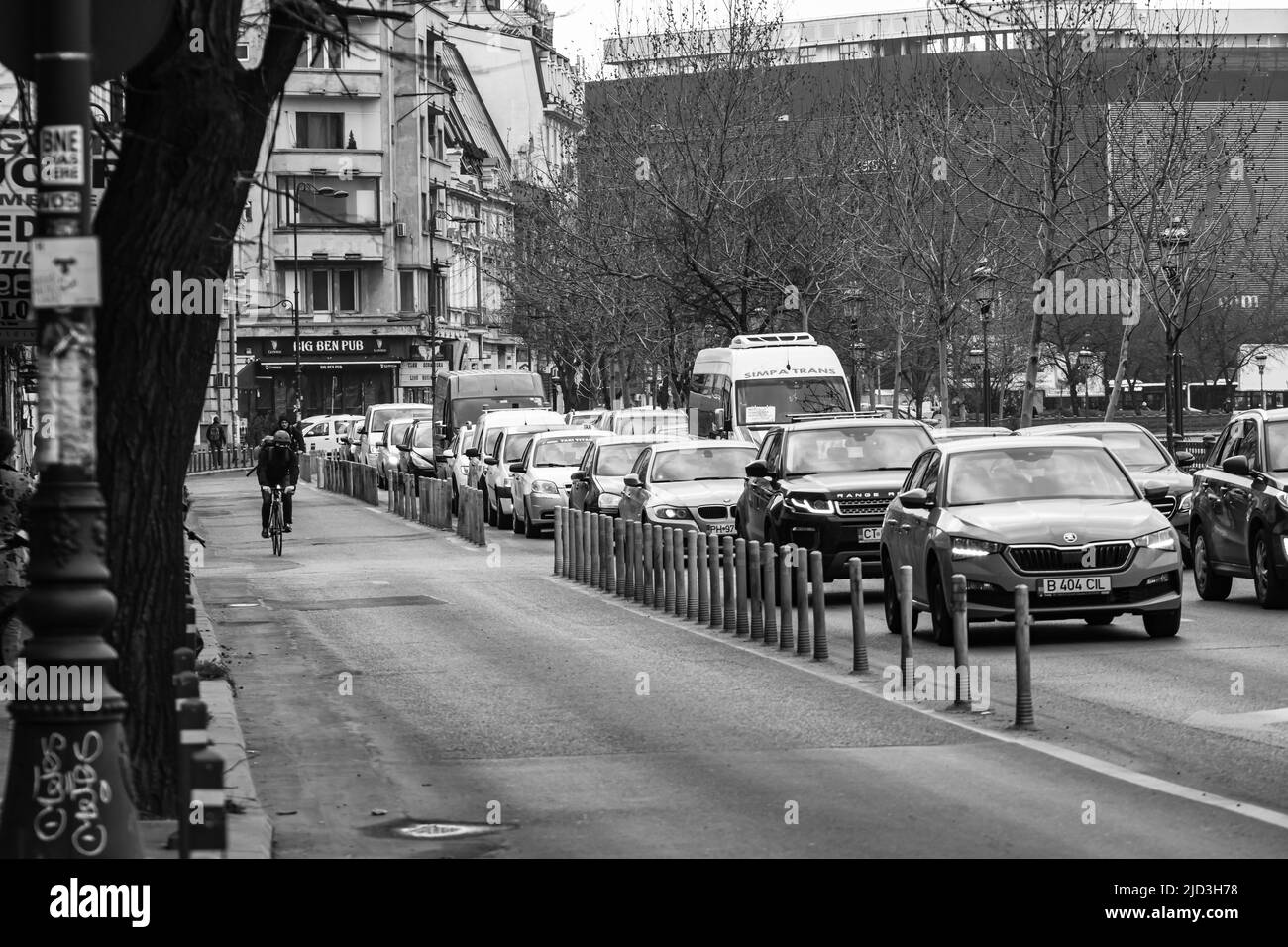 Car traffic, pollution, traffic jam city downtown Bucharest, Romania ...