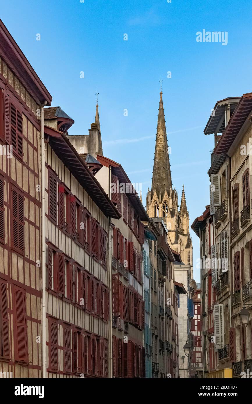 Bayonne in the pays Basque, typical facades with colorful shutters in ...