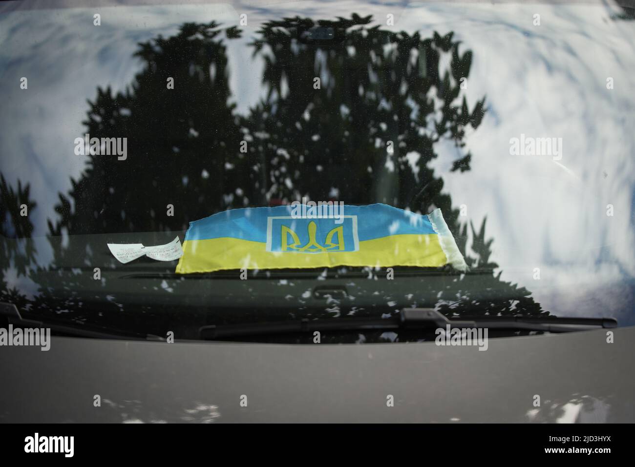 A Ukrainian flag with the trident symbol is seen on the dashboard of a ...