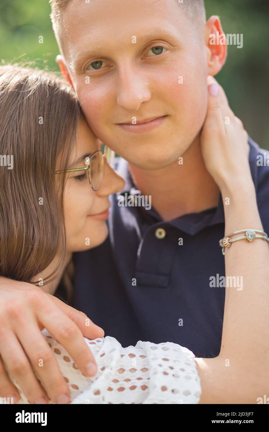 Romantic moments of happy european couple in love enjoying vacation in ...