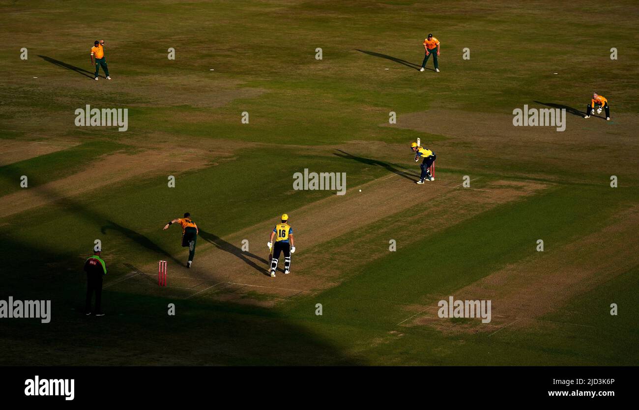 Notts Outlaws Dan Christian bowls to Birmingham Bears Adam Hose during ...