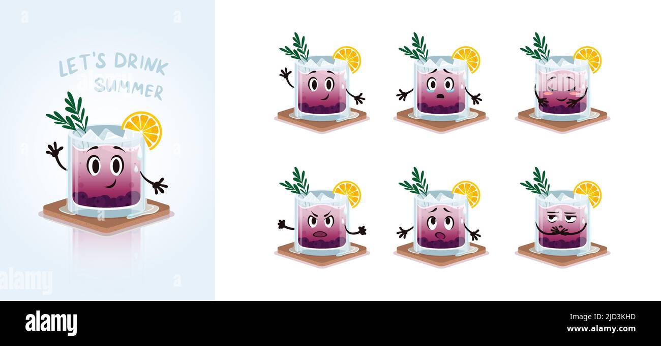 Cold summer drink. Cartoon lemonade character with hands emotions set ...