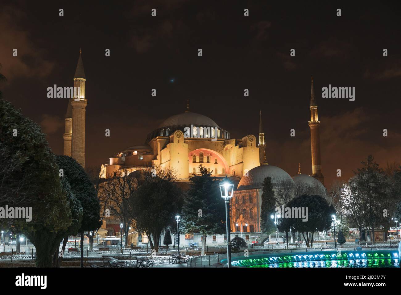 Hagia Sophia at night in winter. Snowy night in Istanbul. Selective focus. Noise included ...