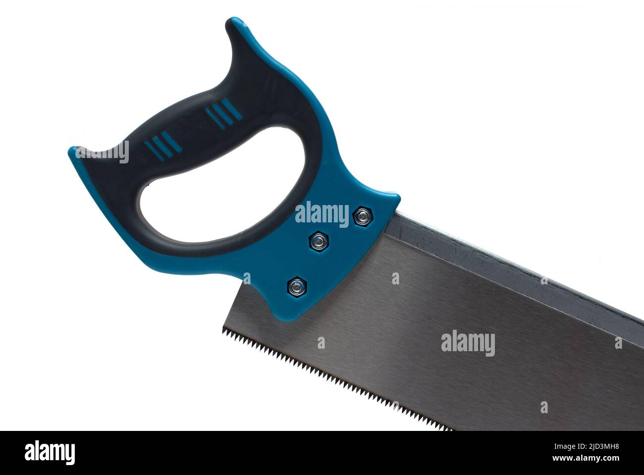 Partial view close up of hand saw with blue handle and rectangular saw ...