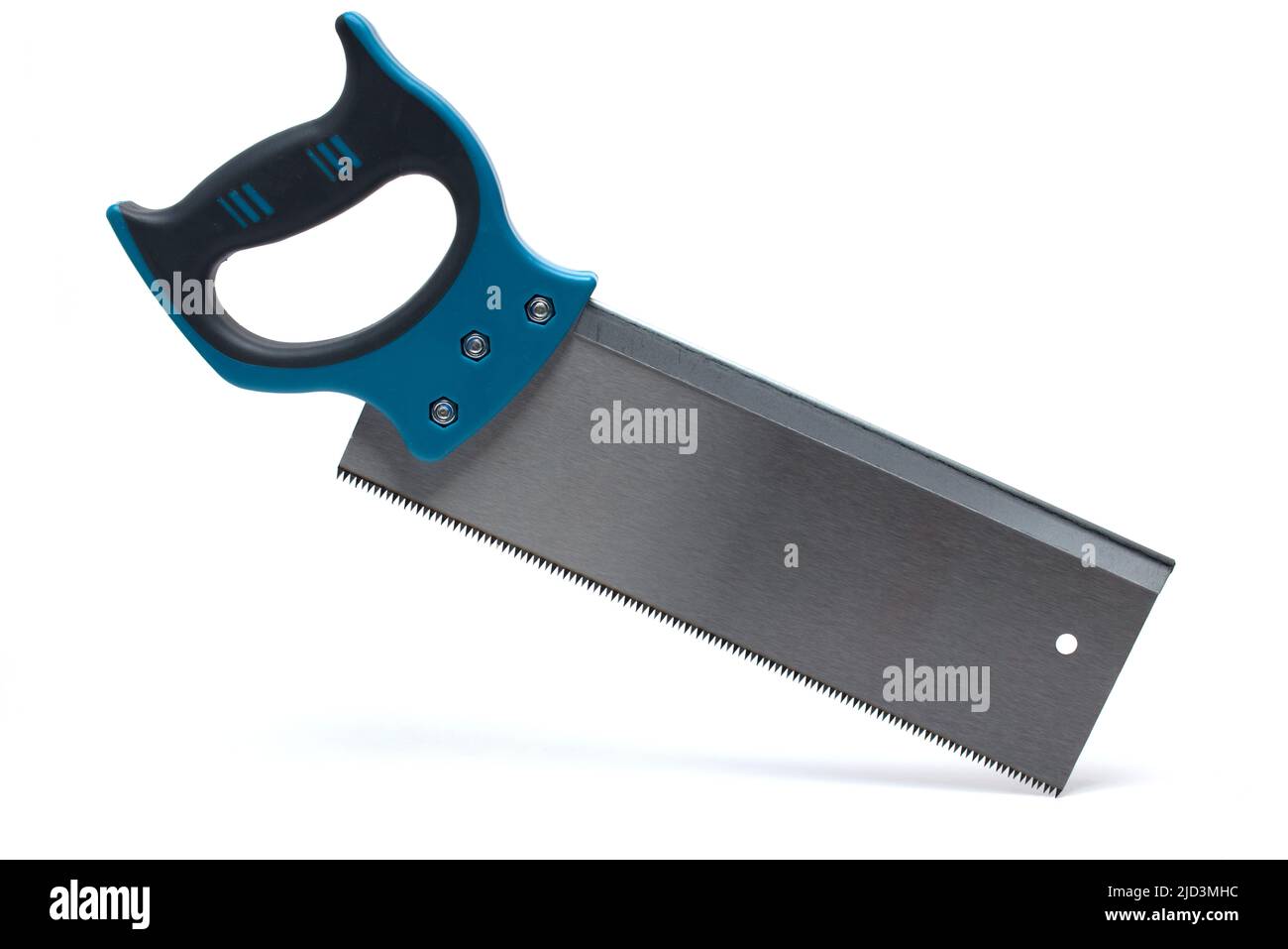 Close up of rectangular hand saw with blue bow handle and shadow on ...