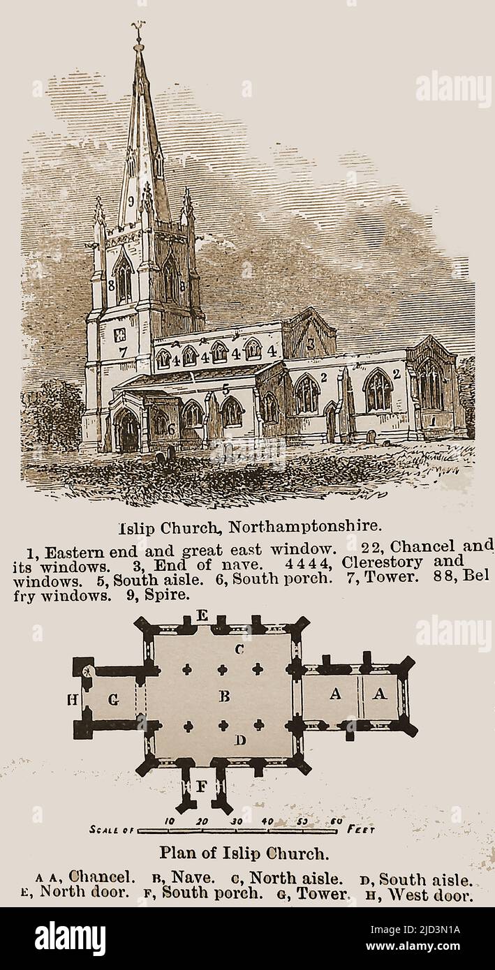 A 19th century illustration and plan of Islip church, Northamptonshire ...