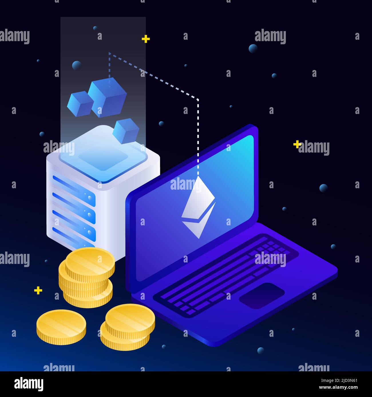 Graphic Cryptocurrency Illustration. Laptop, Cubes, Coins in Gradient Background. Vector ...