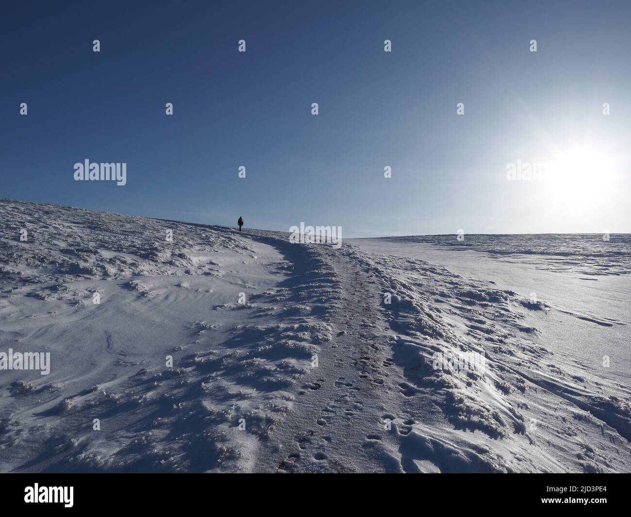 Lone hill walker, mountaineer, on the path near the top of Carn Ban Mor ...