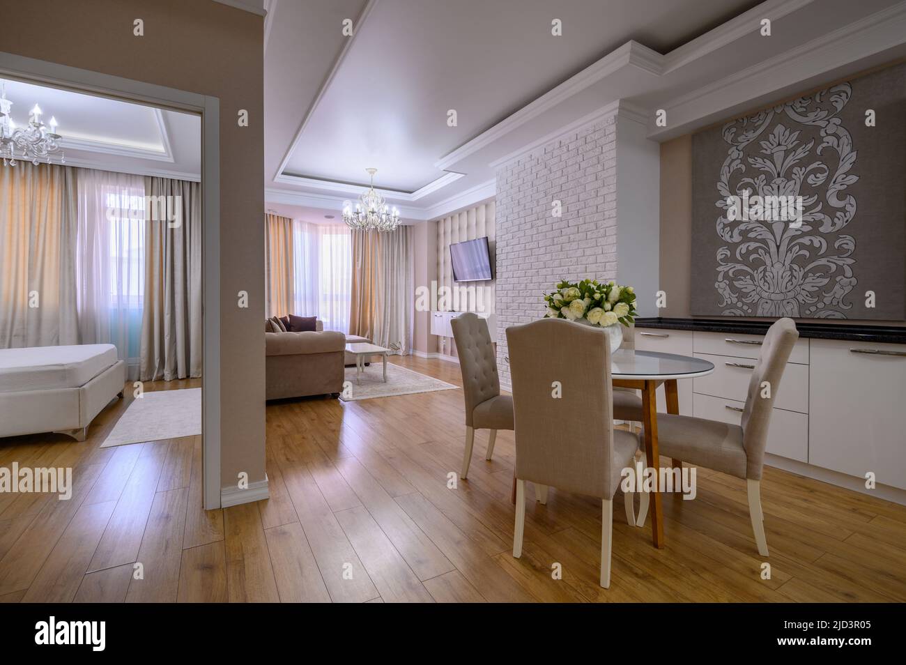 Luxury white and pink modern studio apartment interior Stock Photo - Alamy