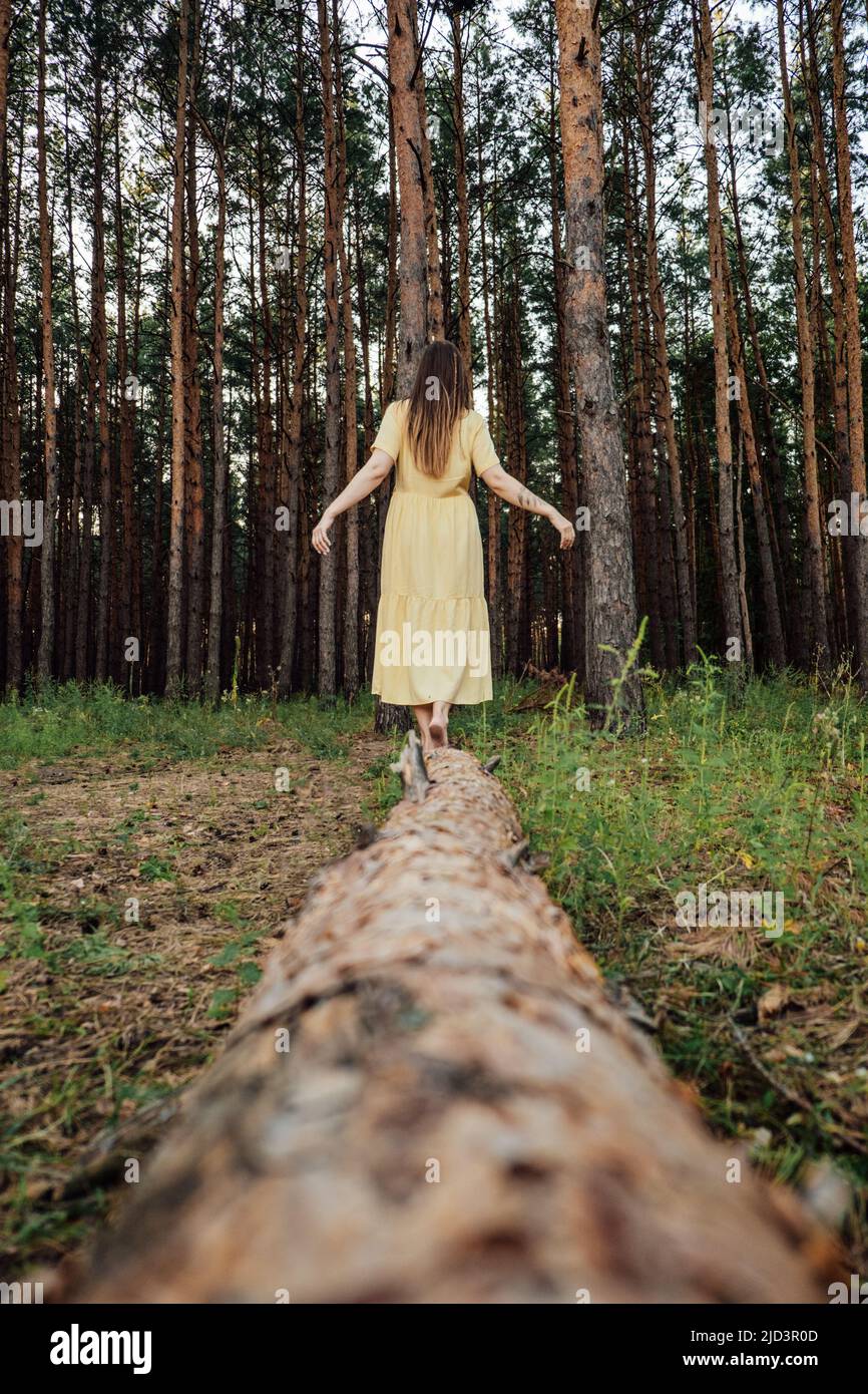 Midsummer solstice ritual. Woman with long hair dance on nature ...
