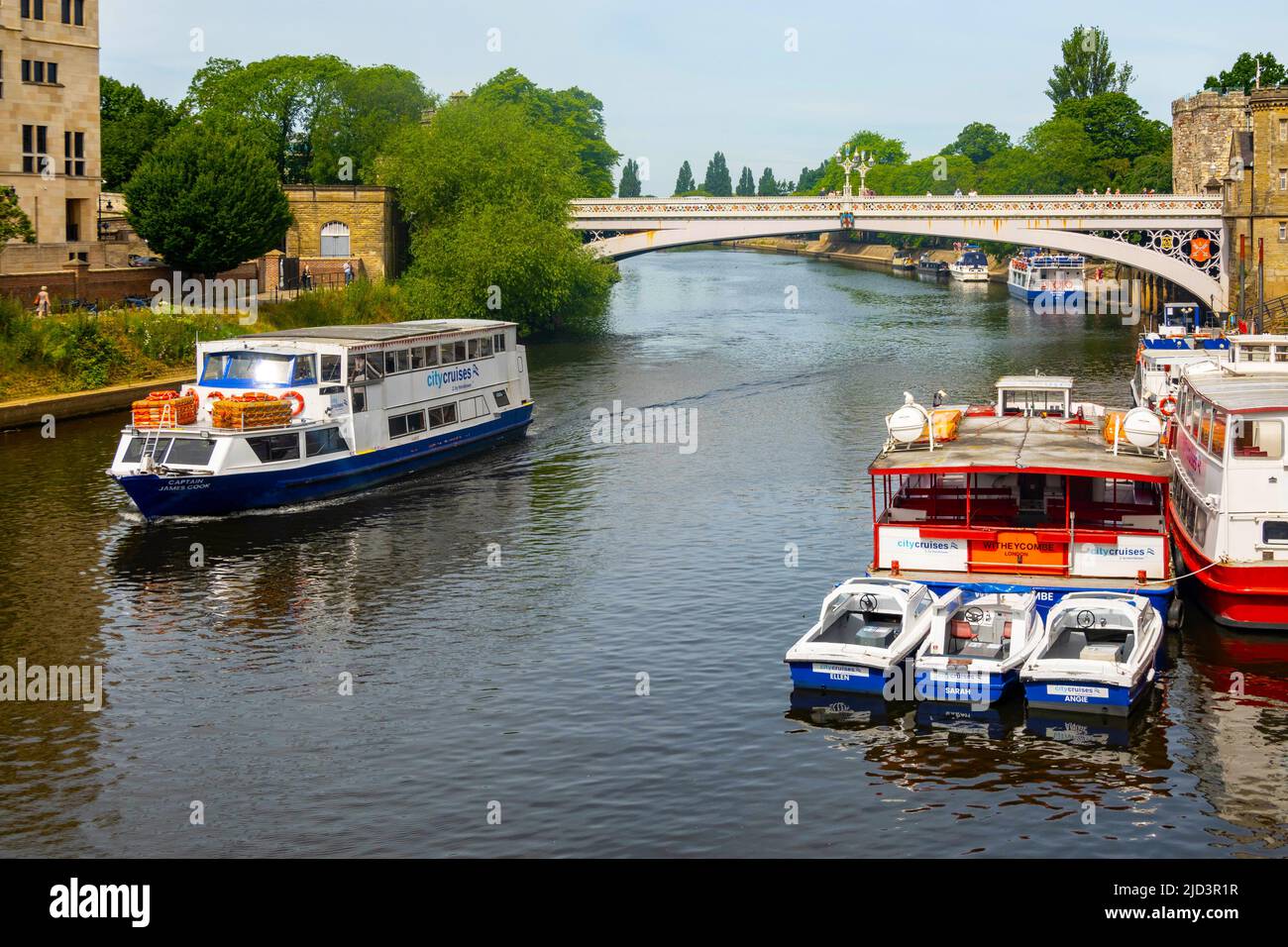 Tour boat cruising on the River Ouse in York, North Yorkshire Stock ...